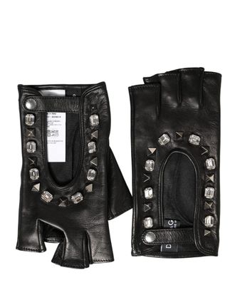 Dolce & Gabbana Women Black Embellished Wrist Length Mitten Gloves Lamb Leather