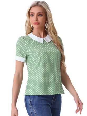 Allegra K Damen Kurzarm Bubikragen Punkte Oberteil Vintage Polka Dots Elegant Top Bluse Hellgr&uuml;n XS
