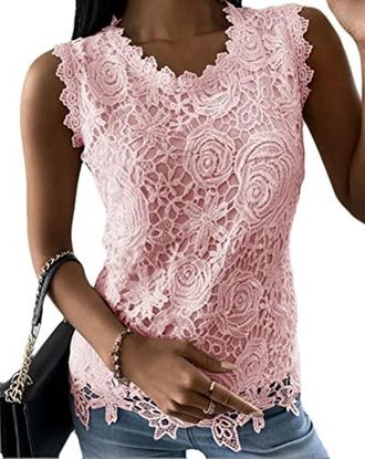 TOMWELL Chemisier Blouse Ample à Manches Longues Col Rond en Dentelle Pullover Jumper Casual Couleur Unie Blouse Mode T-Shirt Z Rose L