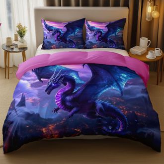 Generic Bettw&auml;sche 150 x 200 cm Print Bettbezug 3 Teilig Set mit 2 Kissenbezug 80x80 cm, Fantasie Lila Drache Am Himmel Muster Weiche Lila Bettbezug en Mikrof