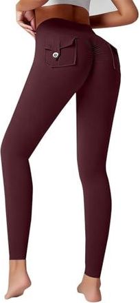 Generic Legging avec effet lifting des fesses pour femme, leggings cargo, pantalon dentra&icirc;nement et de course taille haute avec poches lat&eacute;rales, noir, Rouge 