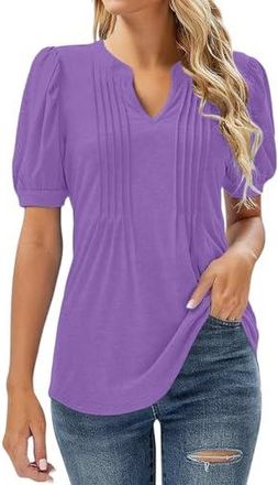 Generic T-shirt basique pour femme - Col en V - Manches bouffantes - Couleur unie - Décontracté - Chemisier dété élégant à manches courtes - En coton - Tuniqu