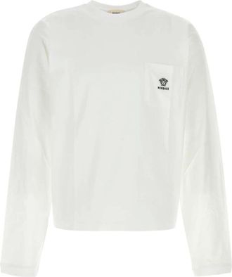 Versace Homme, Tops, Blanc, Taille: M T-shirt en jersey de coton brod&eacute;