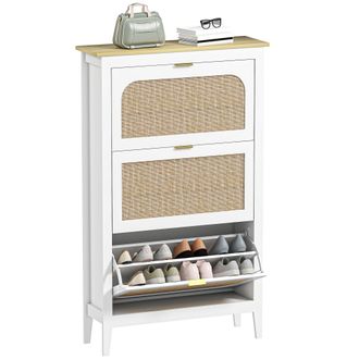 HOMCOM Schuhschrank für 21 Paar, schmal, Boho-Stil, mit 3 aufklappbaren Schubladen, Türen in Rattan-Optik und verstellbaren Regalen, für Flur und Eingang, 80