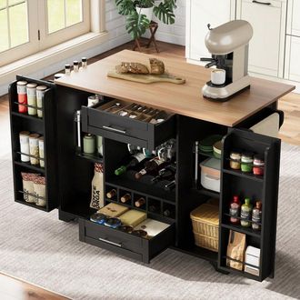 Generic Schwarzes mobiles Auge/K&uuml;chentisch - Klappbare Arbeitsfl&auml;che, integrierte Aufbewahrung (Wein, Gl&auml;ser, Gew&uuml;rze) und Handtuchhalter (Schwarz + Nat&uuml;rlich