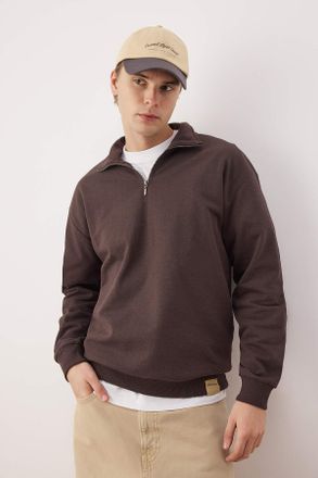 Trendyol MAN Herren Braun Slogan Lang Oversize Sweatshirts