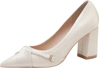 Generic Escarpins de F&ecirc;te de Mari&eacute;e Femme Satin Boucle Perle Talon Bloc Bout Pointu Pumps Talons de Cour pour Banquet de Mariage et Tapis Rouge &Eacute;l&eacute;gante Mouss