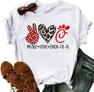 Keephen Peace Love T-Shirt Donut Caf&eacute; L&eacute;opard Coeur Signe de Paix Impression 3D Femmes Manches Courtes Col Ras du Cou Tees Shirt Casual Pullover Tops