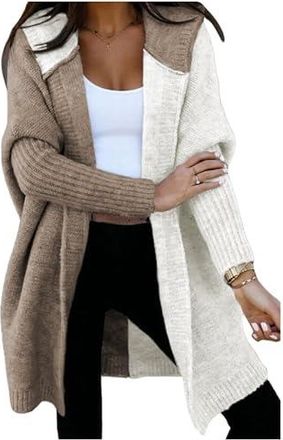 Generic Femmes 2025 Automne Color Block Tenues Ouvert sur le Devant Manches Longues Cardigan &agrave; Capuche Manteau Outwear Pull Ray&eacute; Ample, Kaki + blanc, XL