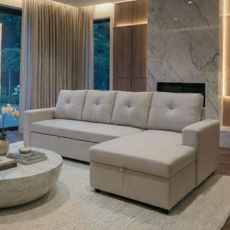 Mendler Ecksofa mit Bettkasten HWC-L16, Couch Sofa L-Form, Liegefl&auml;che rechts Nosagfederung Stoff/Textil 290cm - beige