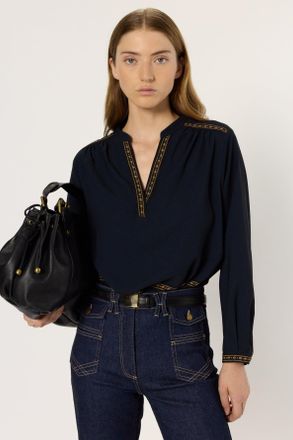 Gerard Darel Blouse unie &agrave; frises - AURELIE - Marine