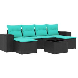 vidaXL 7-teiliges Gartensofa-Set mit Kissen, schwarzes Polyrattan vidaXL