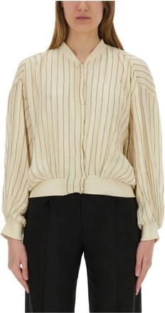 Alysi Femme, Blouses et Chemises, Beige, Taille: 36 FR Blouson bomber en soie creponne avec surpiq&ucirc;res