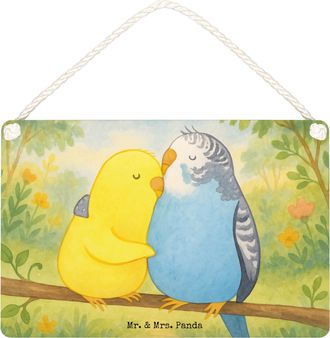 Mr. & Mrs. Panda Schild Wellensittich Liebe Design DIN A5 - Geschenk, Verknallt, Kuscheln, Freundin, T&uuml;rschild Familie, Wandbild Holz, Holzschild, V&ouml;gel, Holztafel, Um