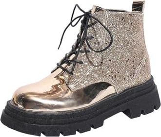 Generic Bottes &agrave; lacets pour femme - En cuir verni - &Agrave; paillettes - Bout rond - Talon bas - Confortable et &eacute;tincelant - Pour f&ecirc;te, dor&eacute;, 36.5 EU