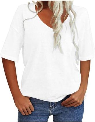 Generic T-Shirts à Manches Courtes Femme Col en V- Haut Ete Couleur Unie Comfortable Léger Ample Top Classiques Décontracté Respirante Simple Tous Les Jours P