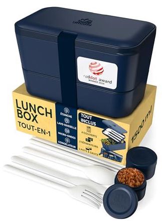 Umami Bento Lunch Box, Couverts & 2 Pots &agrave; Sauce Inclus, Bo&icirc;te Repas Encastrable, Lunchbox Micro-Ondable, Bo&icirc;te &agrave; Lunch Adulte Compartiment&eacute;e, Bento Box, Bl
