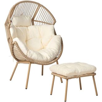 Beliani Gartensessel mit Hocker PE Rattan naturfarben Auflagen cremewei&szlig; MURANO