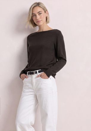 Street One Strickpullover STREET ONE, Damen, Gr. 34, braun (schwarz coffee), Web, 60% Viskose, 40% Baumwolle, unifarben, regular fit normal, U-Boot-Ausschnitt, B