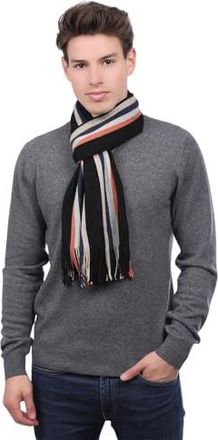 JL De La Tour &Eacute;charpe homme tricot&eacute;e ray&eacute;e 100% cachemire - Fines franges - Longueur 170 cm - &Eacute;charpe hiver &eacute;l&eacute;gante et luxueuse rayures orange-marine-noir