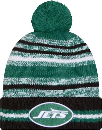 New Era New York Jets Sideline Sport Schwarz gestreifte Fu&szlig;ball-Strickm&uuml;tze mit Bommel - NFL Cheer Cuff Knit Cap