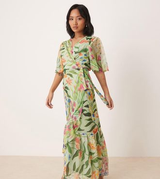 Hope & Ivy Petite Robe portefeuille longue &agrave; imprim&eacute; avec manches volant&eacute;es et taille nou&eacute;e - Vert