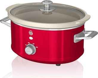 SWAN Retro SF17021RNEU Schongarer, 3,5 l, abnehmbarer Behälter, Antihaftbeschichtung, Keramik, frei von PFOA und PTFE, 3 Temperaturstufen, Glasdeckel, Slow