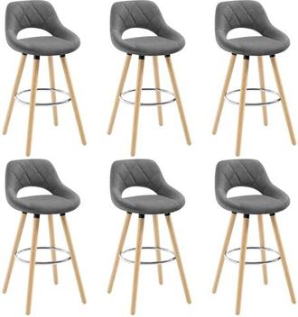 Woltu Tabouret Bar, Lot de 6, Chaise Haute Bar, Tabouret Haut avec Dossier et Repose-Pieds, Cadre en Bois, Siège en Lin, Gris foncé, BH111dgr-6