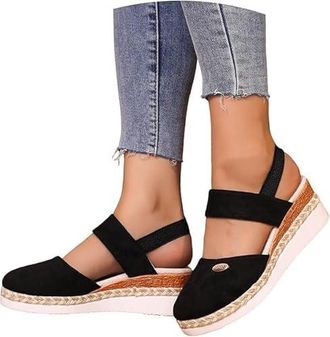 Generic Sandales d&eacute;t&eacute; &agrave; bout ferm&eacute; pour femme, espadrilles compens&eacute;es pour femme, chaussures d&eacute;t&eacute; &agrave; talons bas, chaussures d&eacute;t&eacute; r&eacute;glables avec sangle de chevi