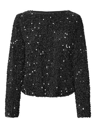 Vero Moda Damen VMBELLA LS Boatneck TOP JRS Langarmbluse, Black/Detail:Black Sequins, X-Small