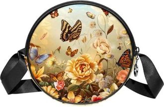 Generic Sac &agrave; bandouli&egrave;re rond pour femme, motif papillon, fleurs, petit sac &agrave; bandouli&egrave;re avec fermeture &eacute;clair, bretelles r&eacute;glables, sac &agrave; main rond d&eacute;contr