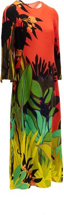 Valentino Garavani Womens Tropical Print Long Sleeve Midi Dress Orange