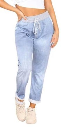 WearAll Pantalon de jogging &eacute;lastique avec cordon de serrage pour femme Imprim&eacute; floral, Denim clair tie-dye, 40-42