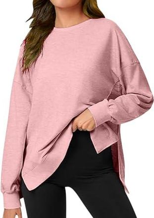 Generic Sweat-Shirt &agrave; col Rond pour Femme, Tunique Oversize &agrave; Manches Longues, Pull Ample avec Fente lat&eacute;rale, Rose Taille M, Collection Printemps-Automne