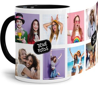 Tassendruck Foto-Tasse zum selbst gestalten mit Foto-Collage für 10 Wunschfotos - Geschenk für Familie, Freunde, Geburtstag, Weihnachten - Keramik Innen & Henkel 