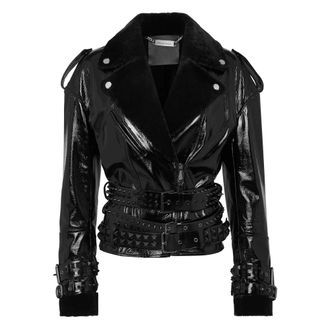 Philipp Plein Femme, Vestes, Noir, Taille: 36 FR Veste Oversize En Shearling Et Cuir Verni