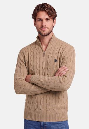 U.S.Polo Association Rundhalspullover USGaviin - Herren Half-Zip Pullover mit Zopfmuster 100 % Baumwolle, klassischer Zopfstrick, Stehkragen mit Zipper