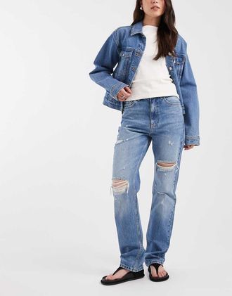 Asos Jean coupe droite &agrave; d&eacute;chirures style ann&eacute;es 90 - D&eacute;lavage vintage-Bleu