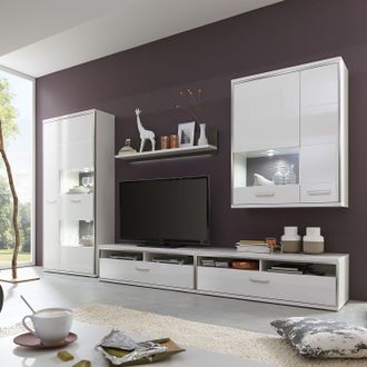 Loftscape home24 Wohnwand II 5-teilig MDF Mitteldichte Holzfaserplatte, foliert Rahmen: Metall Grau/Wei&szlig; 351 x 201 x 51cm