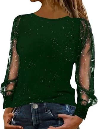 Generic Hauts &agrave; paillettes pour femme - Hauts scintillants d&eacute;contract&eacute;s et transparents &agrave; manches longues - Tunique basique &agrave; col rond - Chemisier de f&ecirc;te bri