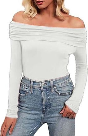Generic Hauts épaules dénudées pour femme - Manches longues - Sexy - Couleur unie - Coupe ajustée - Printemps - Automne - Mode - T-shirt slim - Pull élastique