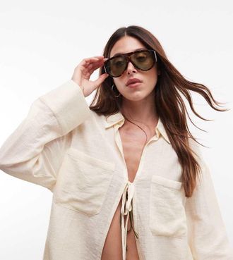 KAIIA exklusive Oversize-Hemd-Kombination aus Baumwollmix mit Bindung vorn in hellem Zitronengelb