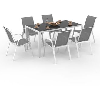 IDMarket Idmarket - Salon de jardin madrid table 150 cm et 6 chaises empilables blanc et gris