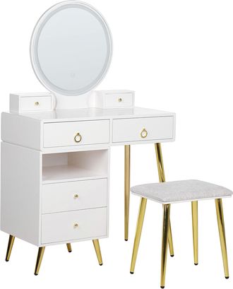 Beliani Schminktisch mit LED-Spiegel rund 6 Schubladen Hocker wei&szlig; Glamour YVES