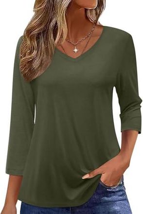 Onsoyours Tee Shirt Femme Manches 3/4 Col en V T-Shirt Ete Tunique Longue Décontracté Haut Basic Top A Vert Armée XXL