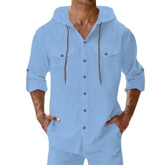 Generic DENGJIAMY Chemises &agrave; capuche &agrave; manches longues pour homme en lin uni &agrave; manches longues d&eacute;contract&eacute;es boutonn&eacute;es chemises tendance v&ecirc;tements de vacance