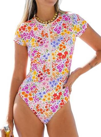 Cupshe Maillot de bain une pi&egrave;ce &agrave; col haut pour femme avec fermeture &eacute;clair et manches courtes, M
