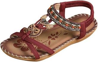 Generic Sandales Femme Grande Taille Plates Elegant Fleurs Boho Bout Ouvert Ext&eacute;rieur &Eacute;t&eacute; R&eacute;tro Sandales de Plage &Eacute;lasticit&eacute; Bride Cheville L&eacute;g&egrave;res Chaussures