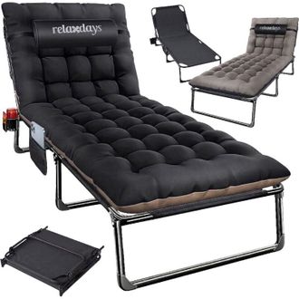 Relaxdays Relaxdays lit de camping pliable, matelas, coussin cervical, support t&eacute;l&eacute;phone, jusqu&agrave; 250 kg, 26&times;190&times;72 cm, noir