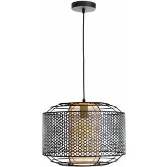 Nowa Suspension, lampe de table &agrave; manger, lampe de salon, lampe de cuisine, grille en m&eacute;tal noir, cylindre dor&eacute;, 1x E27, h 150 cm